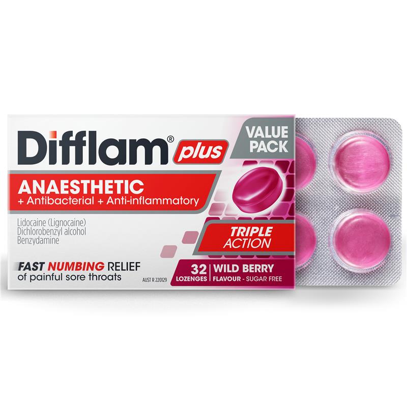 DIFFLAM Lozenge Plus Anaesthetic Wild Berry 32s – Matakana Pharmacy